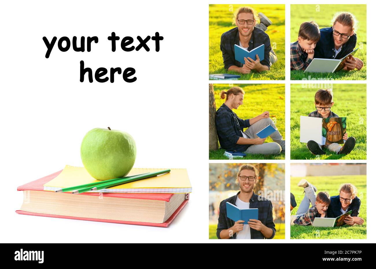 Collage of photos with father and his little son reading books outdoors ...