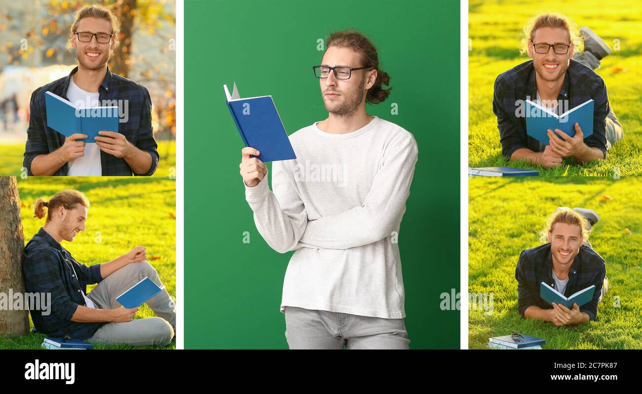 Collage of photos with handsome man reading books Stock Photo - Alamy