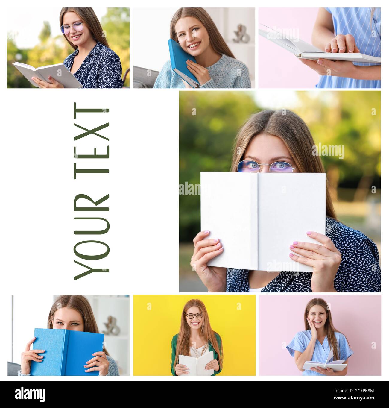 Collage of photos with beautiful young woman reading books Stock Photo ...