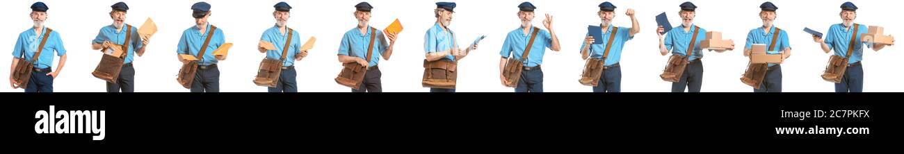 Handsome old postman on white background Stock Photo - Alamy