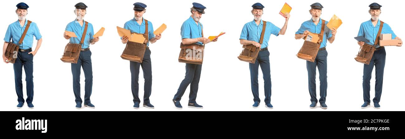 Handsome old postman on white background Stock Photo - Alamy