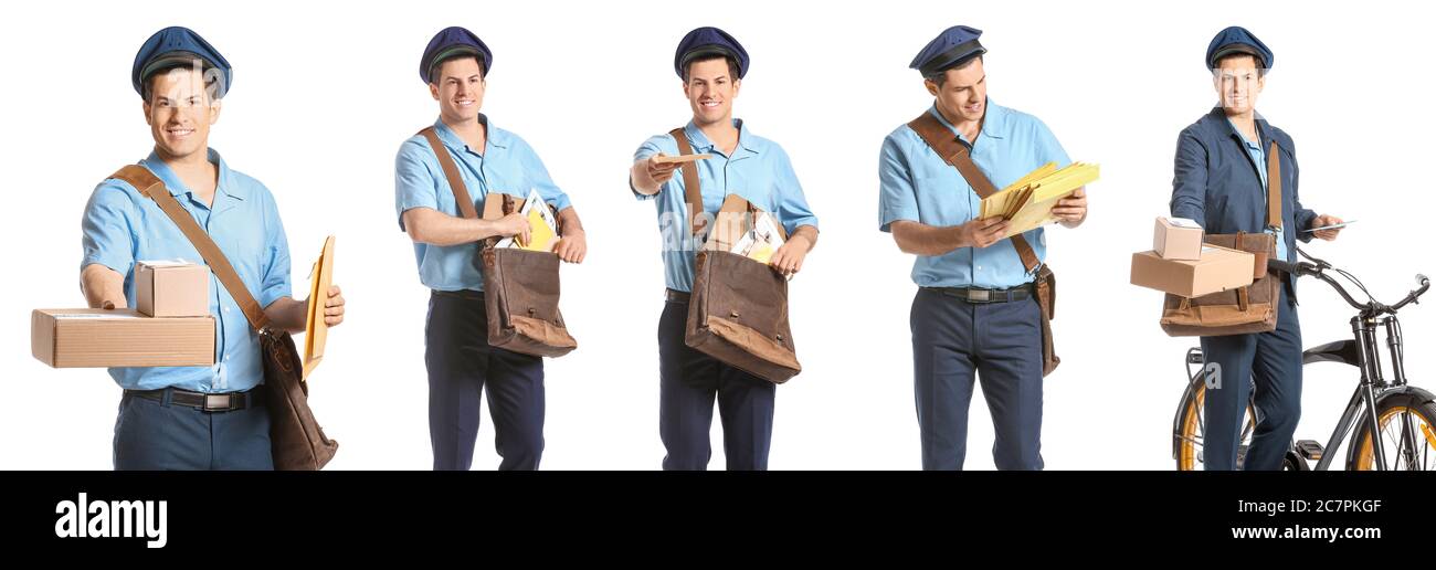 Handsome young postman on white background Stock Photo - Alamy