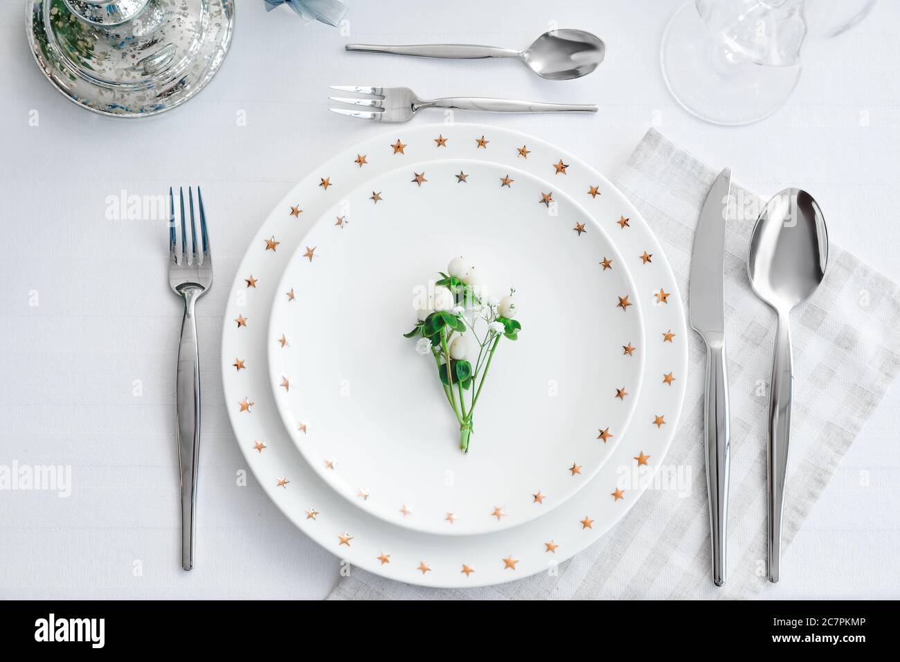 Beautiful table setting on white background Stock Photo - Alamy
