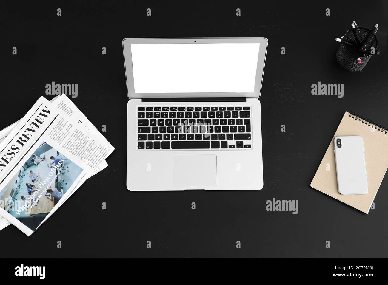 Modern workplace with laptop, top view Stock Photo - Alamy