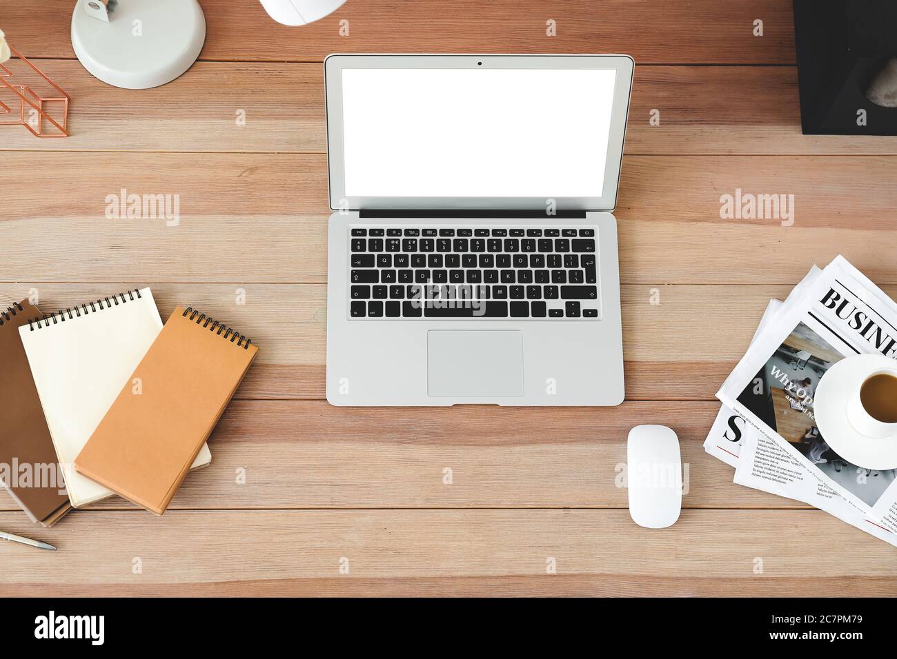 Modern workplace with laptop, top view Stock Photo - Alamy