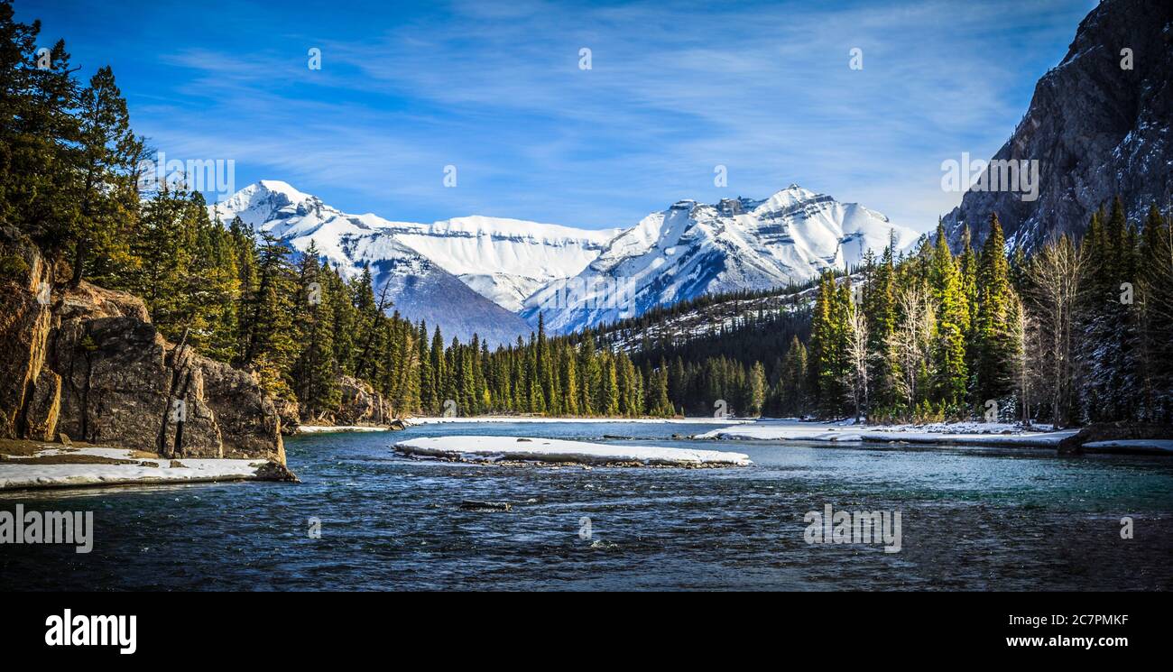 Spring time on Bow River Banff Alberta Canada with snow-capped Rocky ...