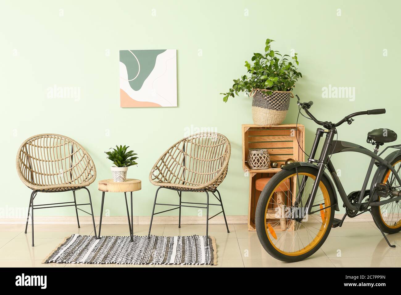 Interior of modern room with stylish bicycle Stock Photo - Alamy