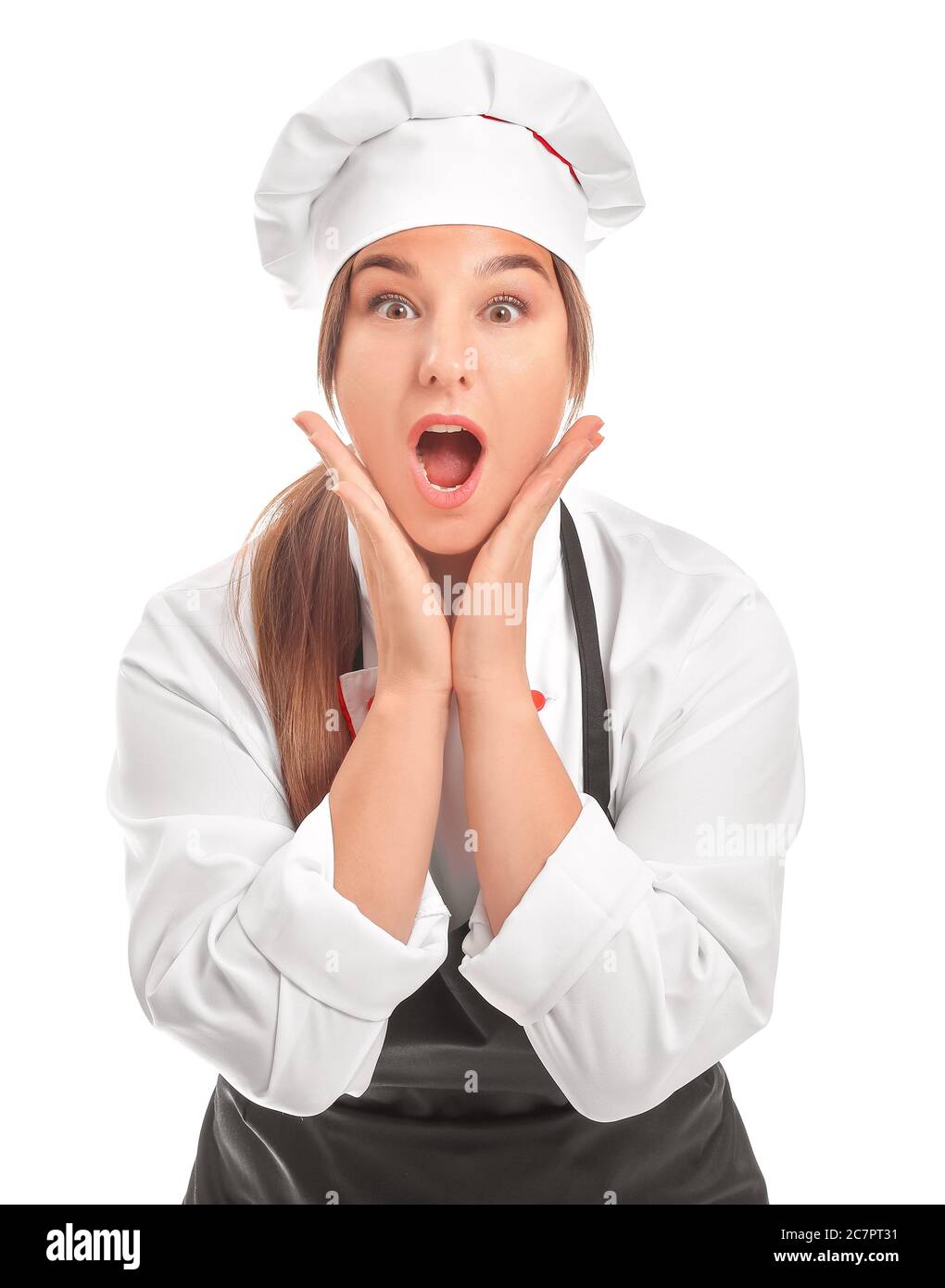 Shocked female chef on white background Stock Photo - Alamy