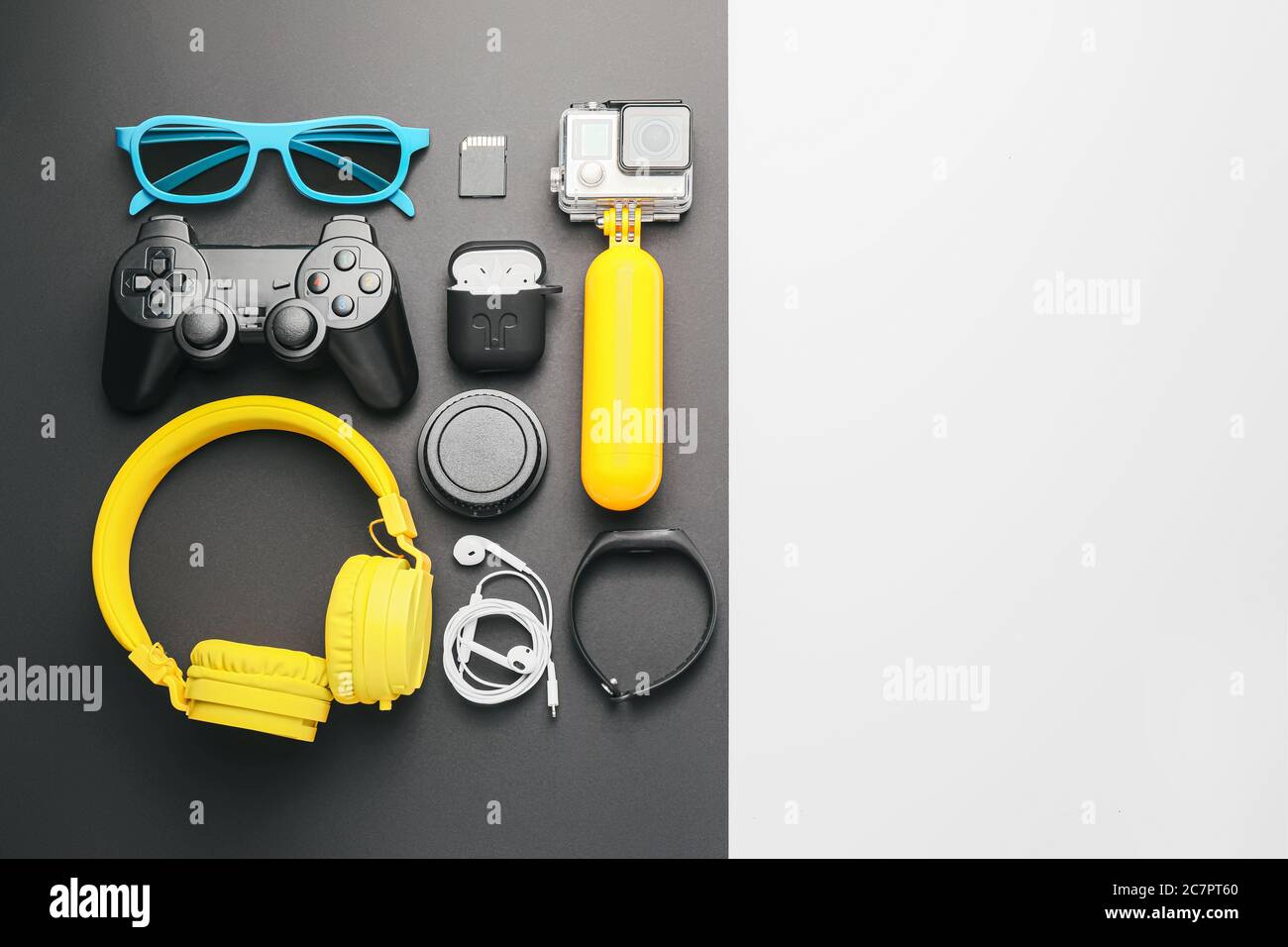 Different modern devices on black and white background Stock Photo - Alamy