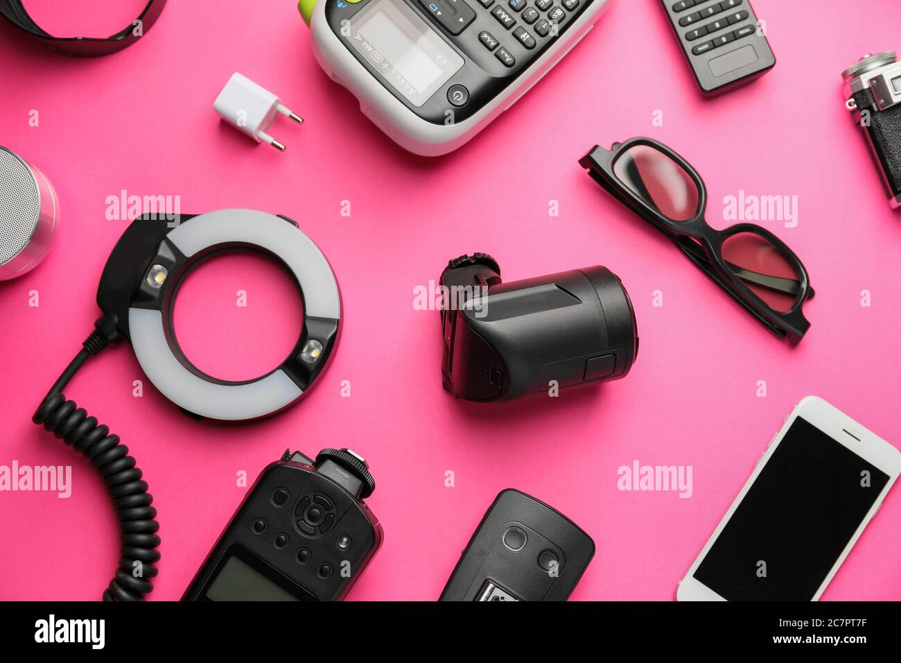 Different modern devices on color background Stock Photo - Alamy