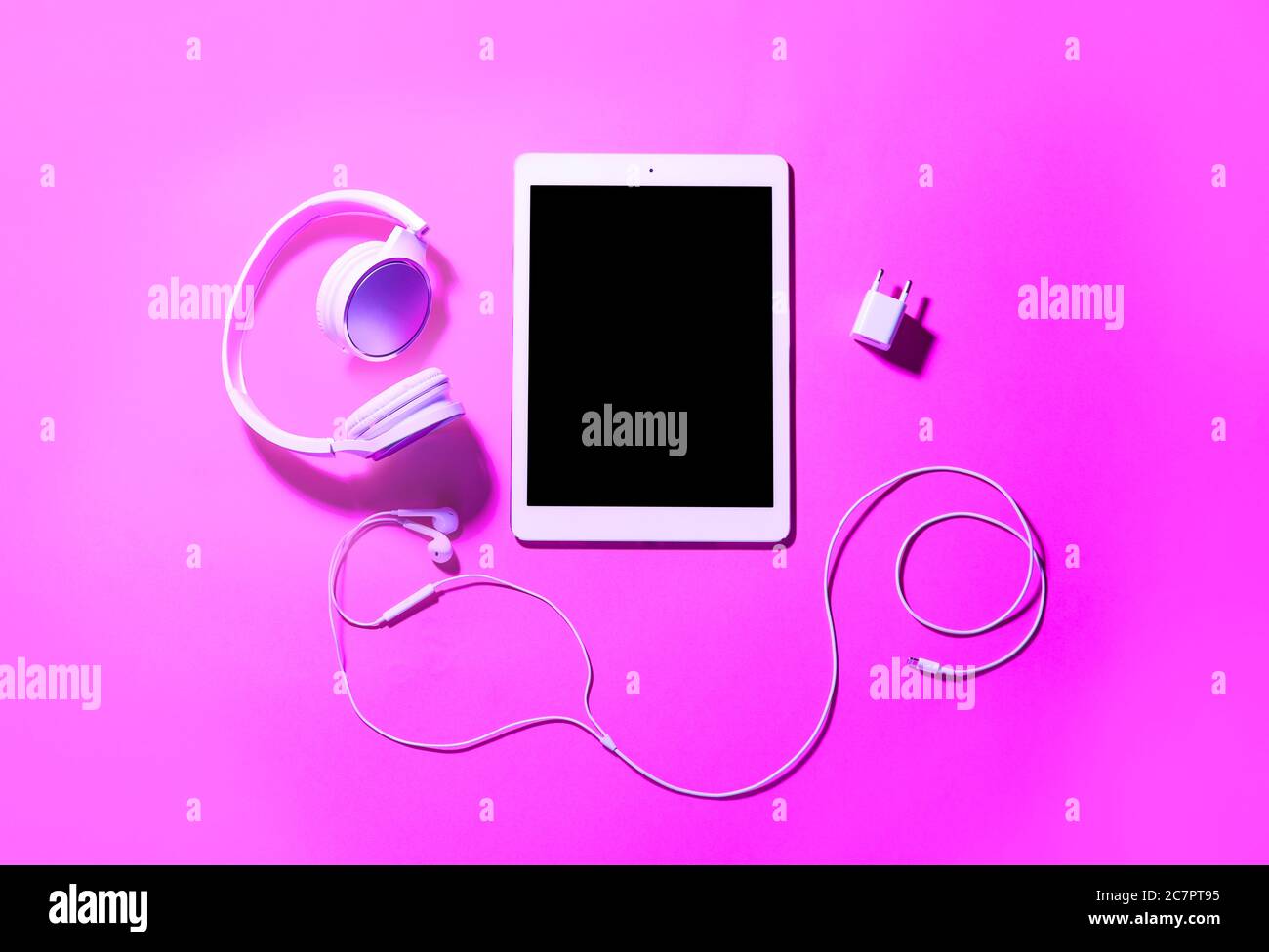 Different modern devices on color background Stock Photo - Alamy