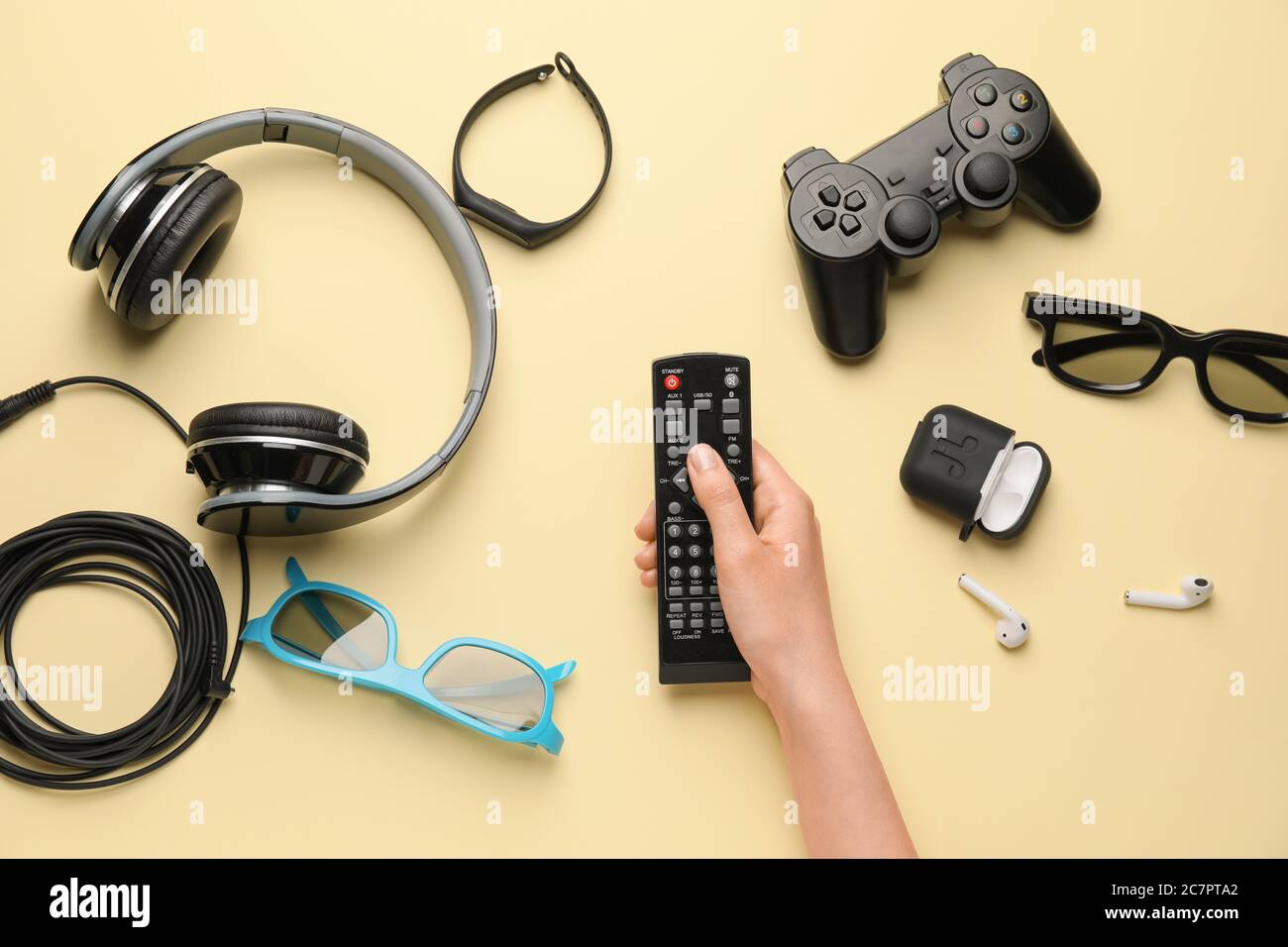 Female hand with different modern devices on color background Stock ...