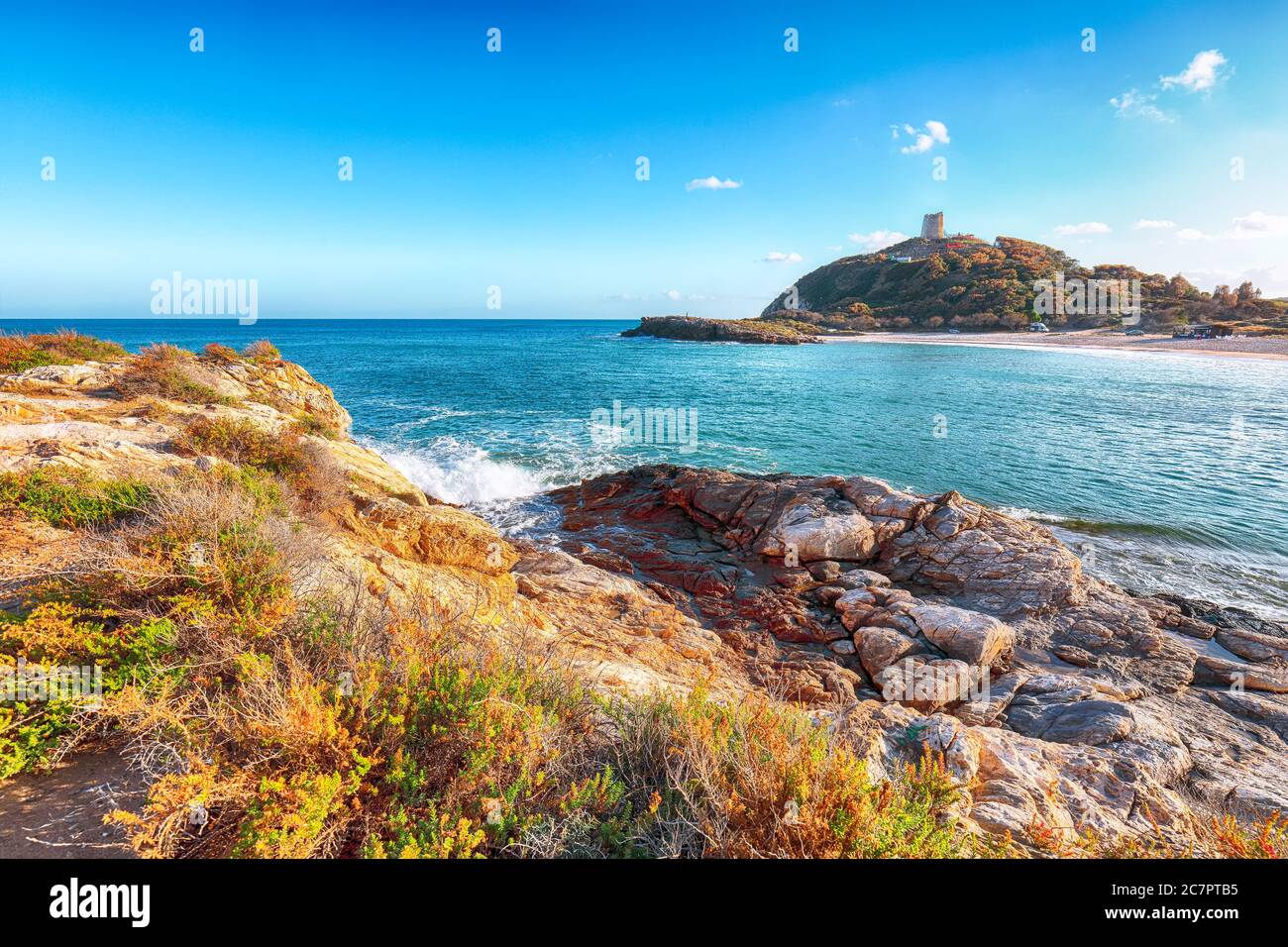 View of beautiful Chia bay and wonderful beach with Torre di Chia tower ...