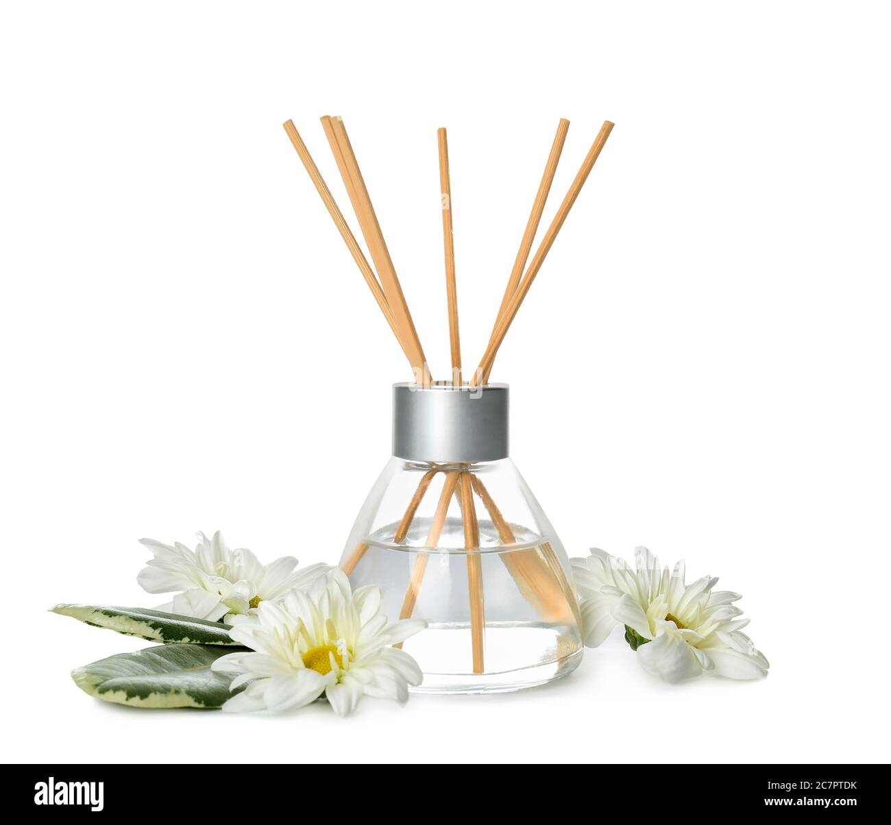 Reed diffuser and flowers on white background Stock Photo - Alamy