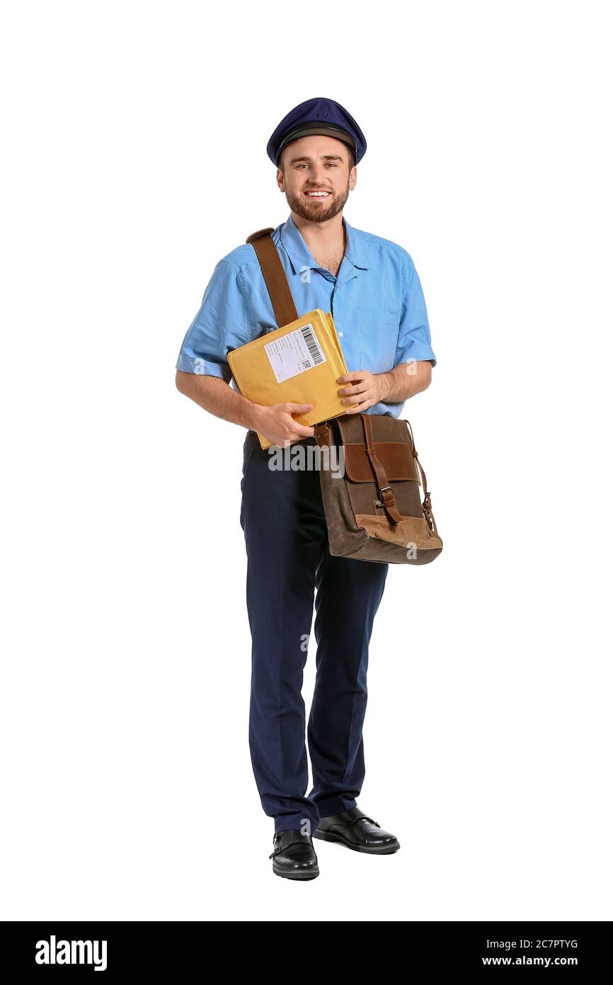Handsome young postman on white background Stock Photo - Alamy