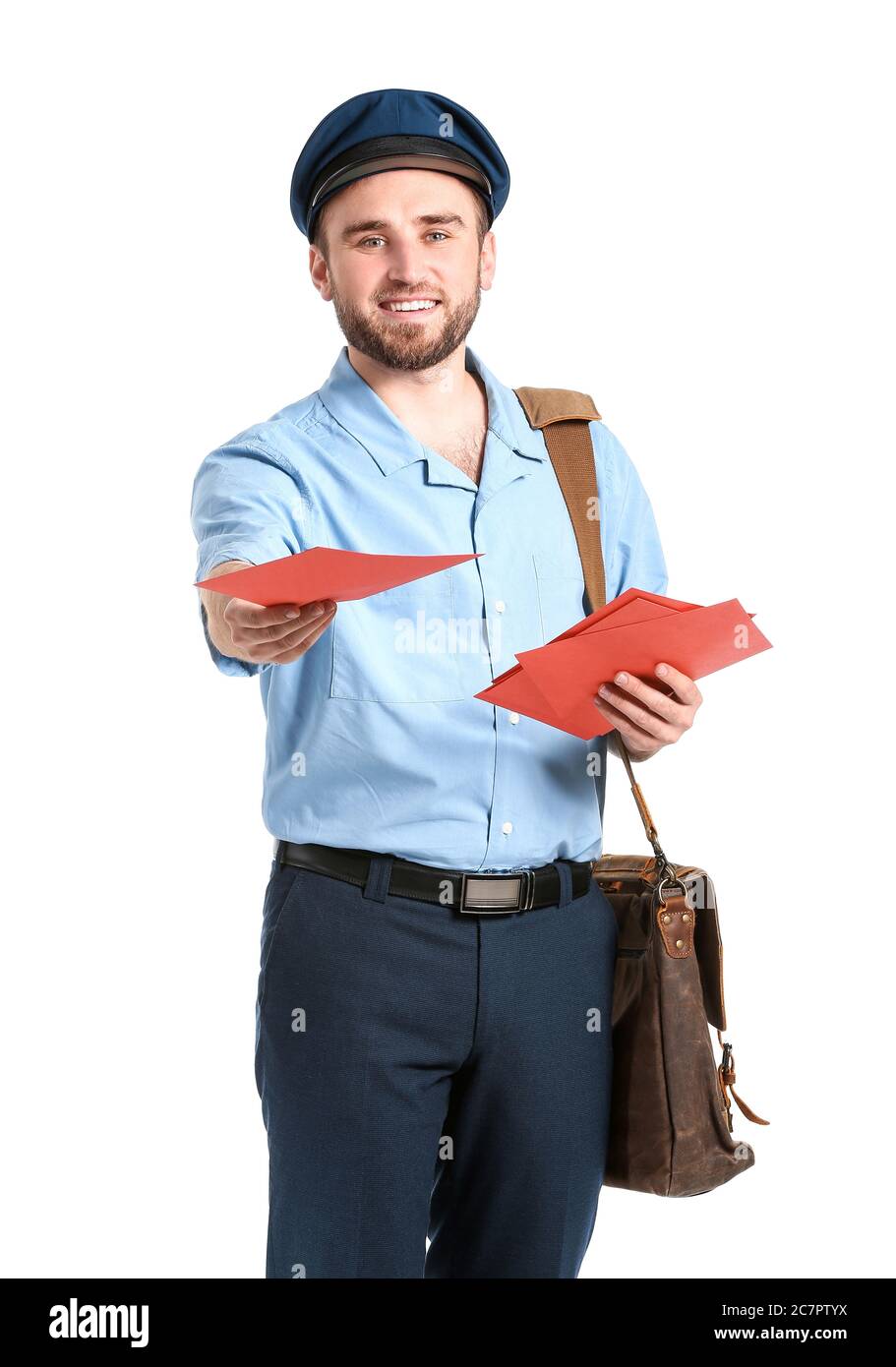 Handsome young postman on white background Stock Photo - Alamy
