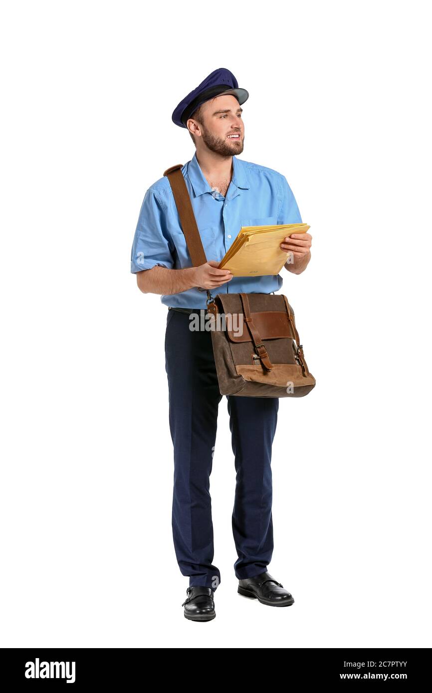 Handsome young postman on white background Stock Photo - Alamy