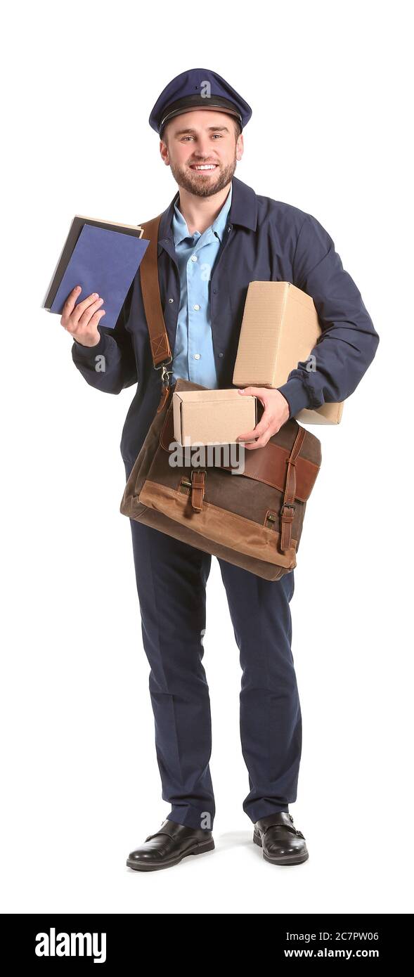 Handsome young postman on white background Stock Photo - Alamy