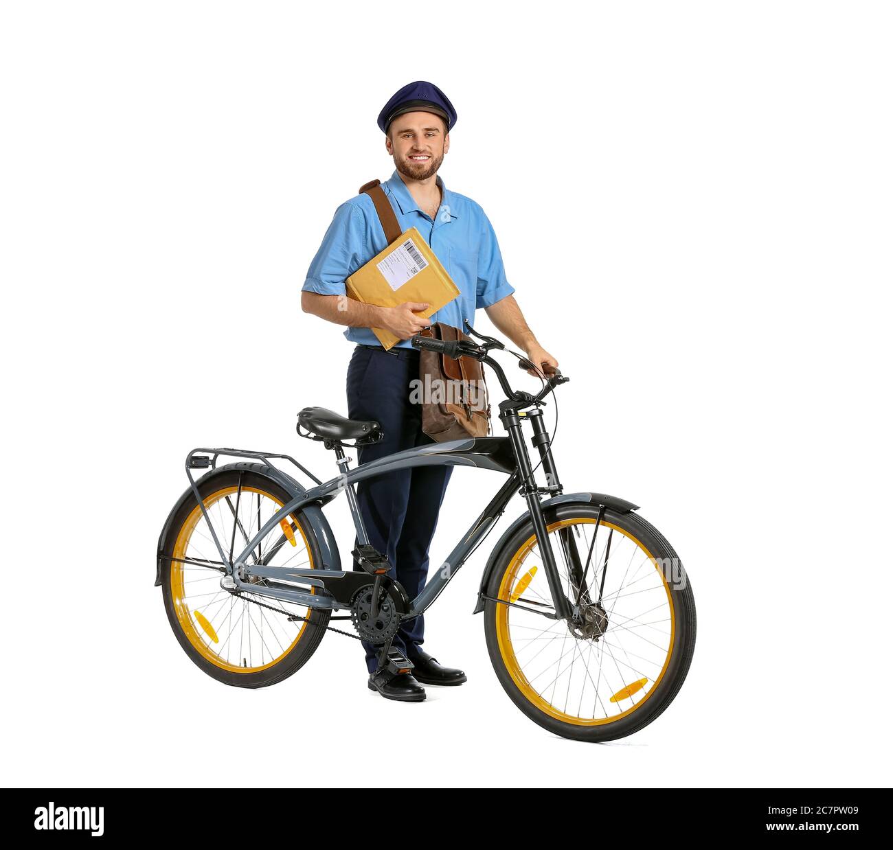Handsome young postman with bicycle on white background Stock Photo - Alamy