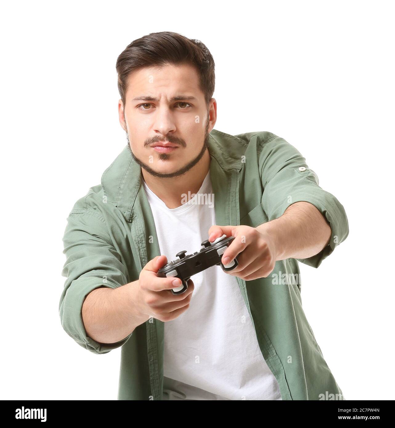 Handsome man playing video game on white background Stock Photo - Alamy
