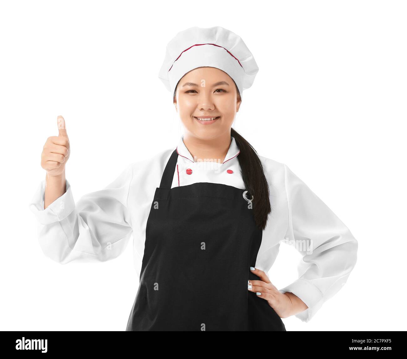 Beautiful Asian chef showing thumb-up gesture on white background Stock ...