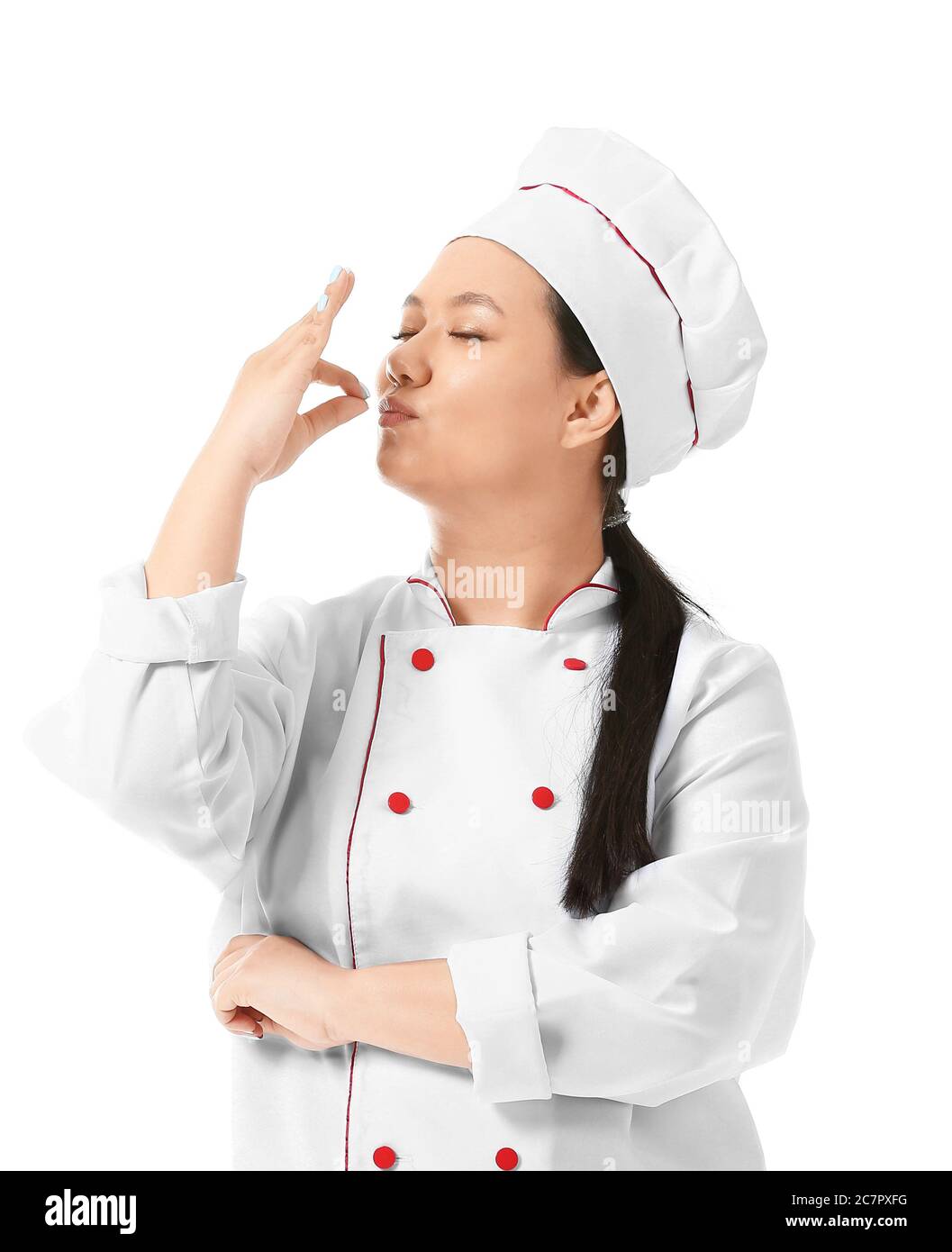 Beautiful Asian chef on white background Stock Photo - Alamy
