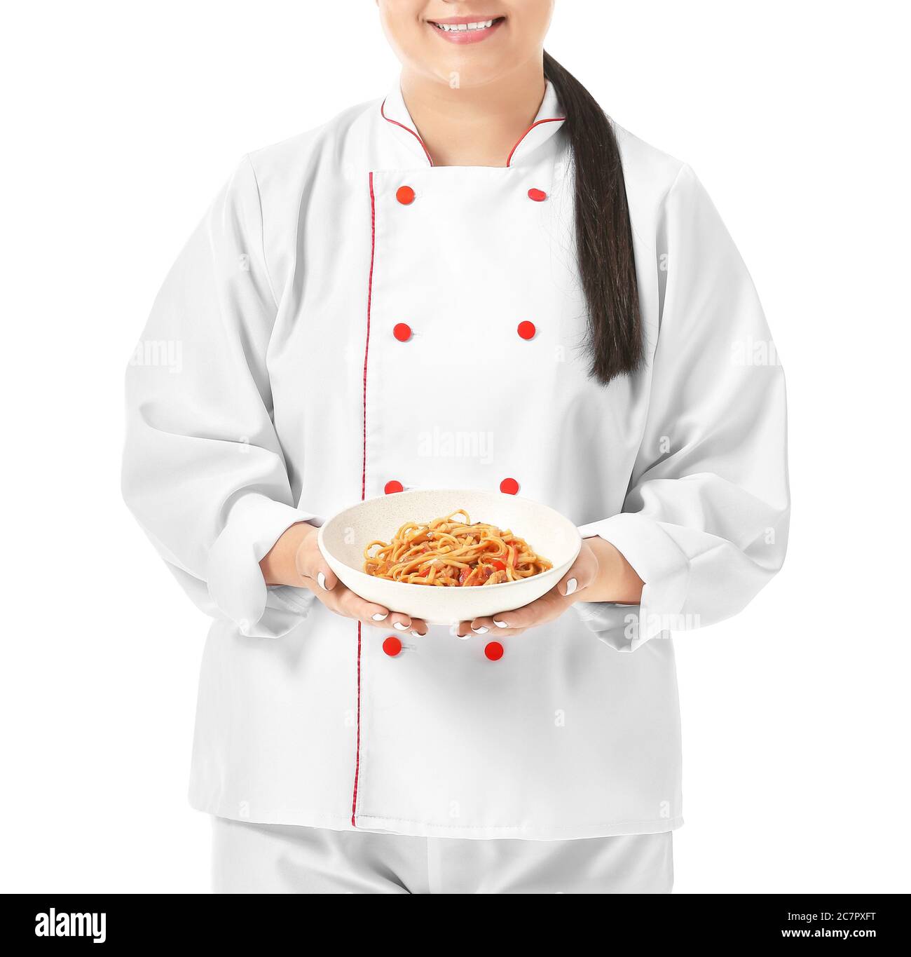 Beautiful Asian chef with dish on white background Stock Photo - Alamy