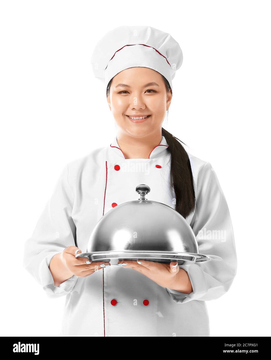 Beautiful Asian chef with tray on white background Stock Photo - Alamy