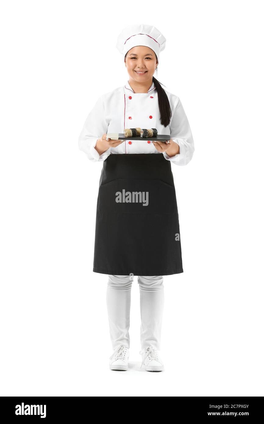 Beautiful Asian chef with sushi rolls on white background Stock Photo ...