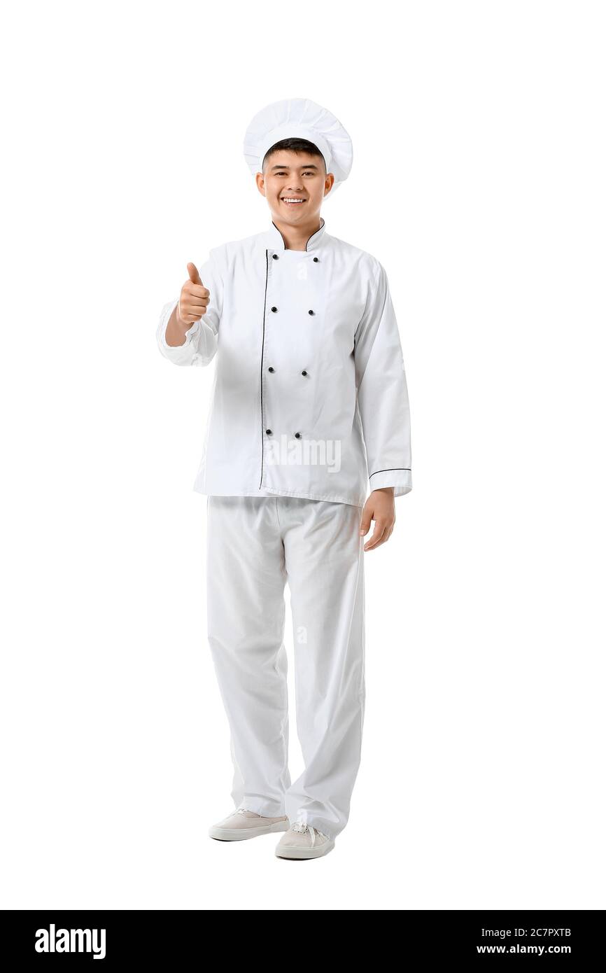 Handsome Asian chef showing thumb-up gesture on white background Stock ...