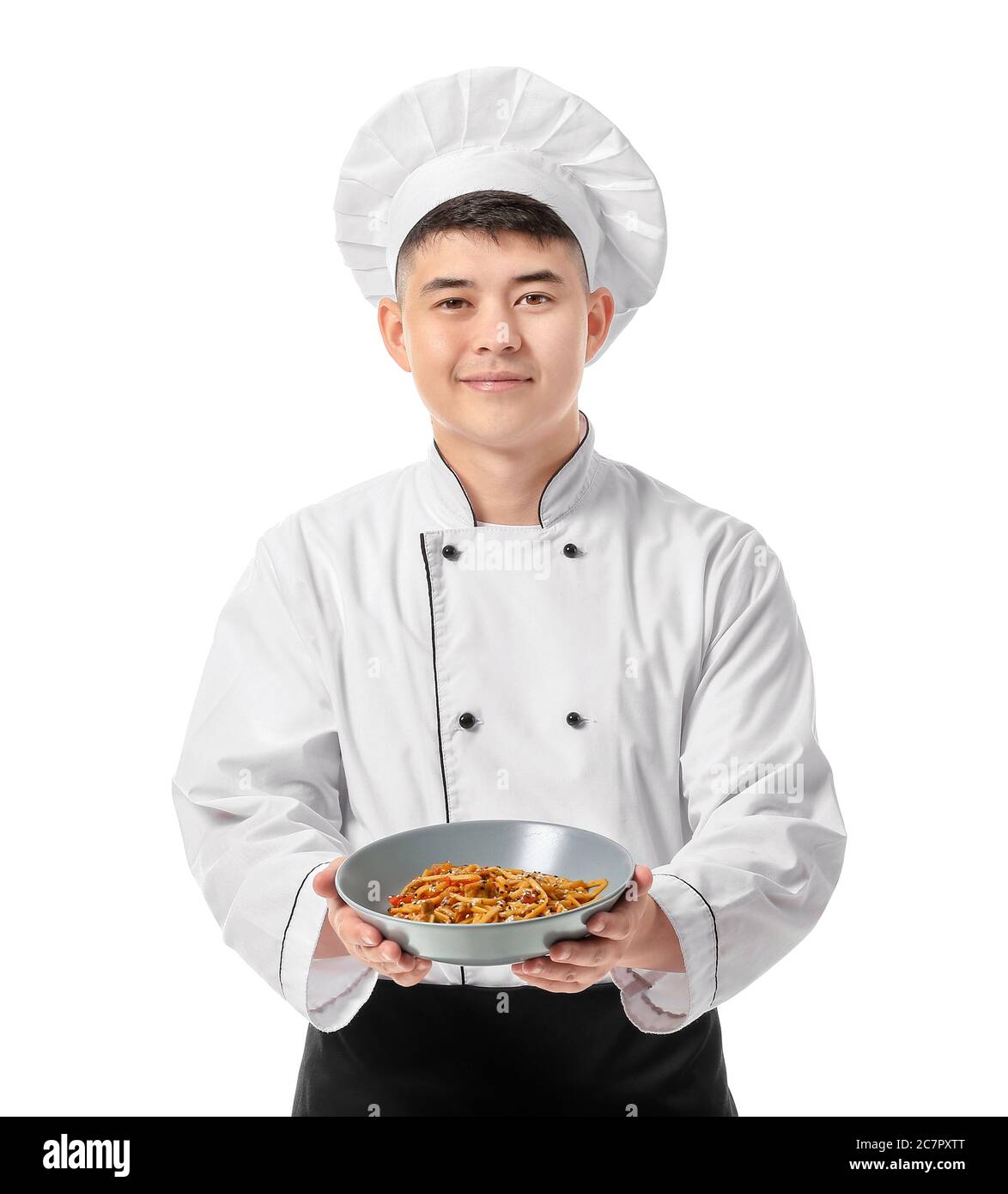 Handsome Asian chef with dish on white background Stock Photo - Alamy