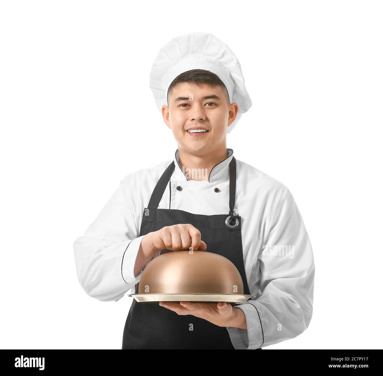 Handsome Asian chef with tray on white background Stock Photo - Alamy