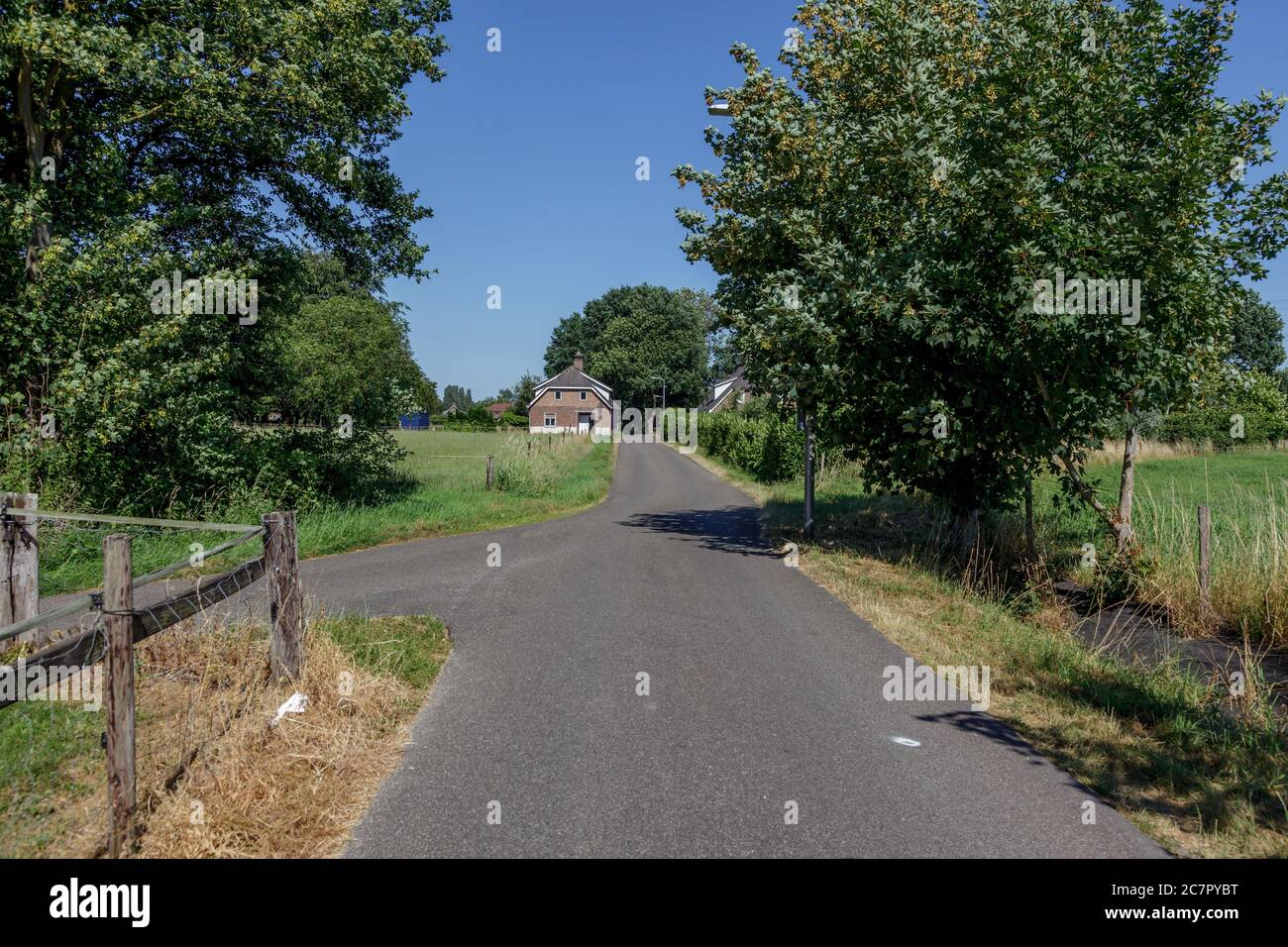 small country road with an y-junction and some houses in the distance ...