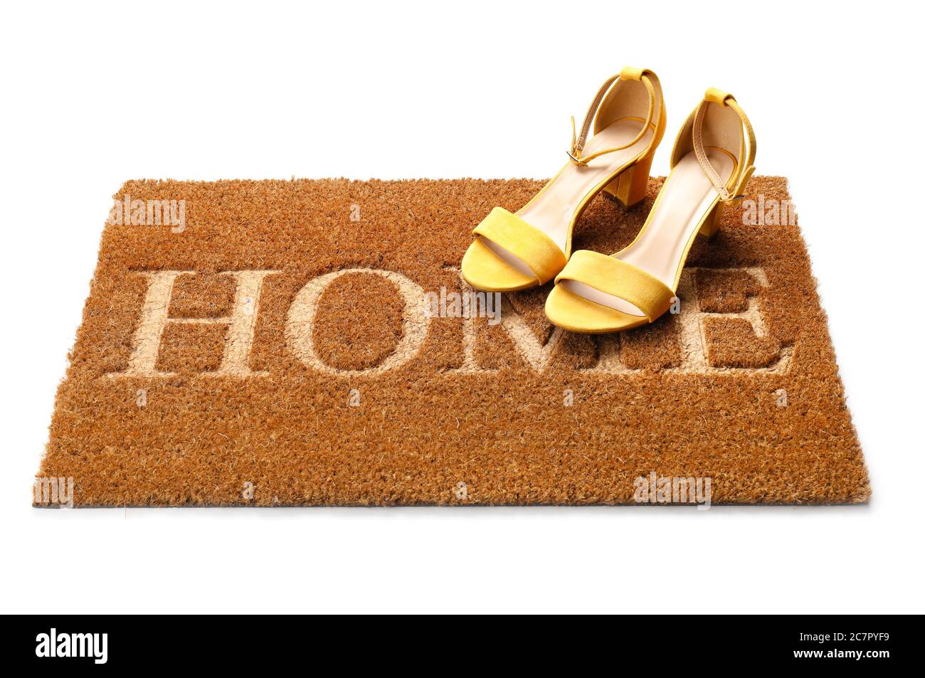 Door mat and shoes on white background Stock Photo - Alamy