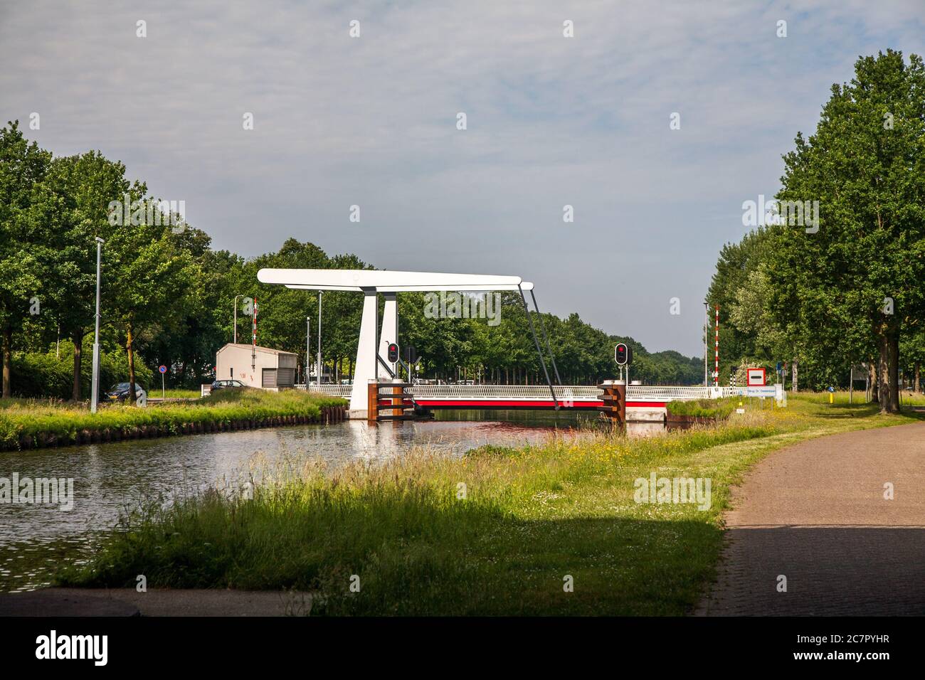 Small lift bridge over the canal with different traffic signs Stock ...
