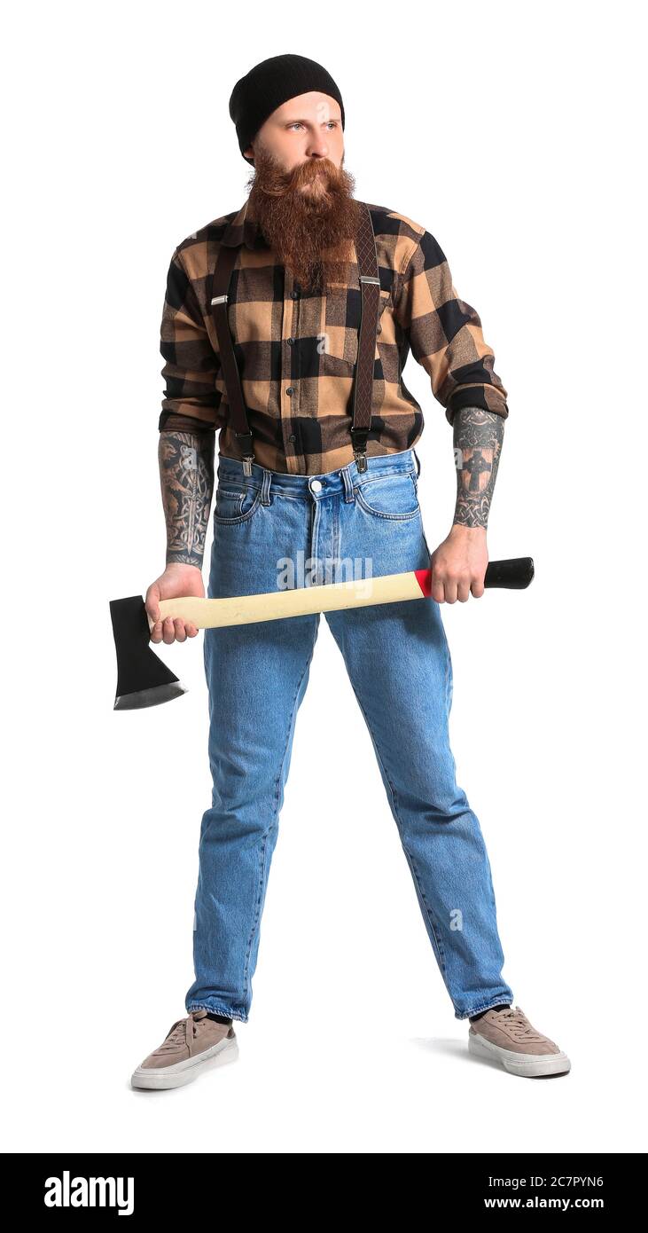 Handsome lumberjack on white background Stock Photo - Alamy