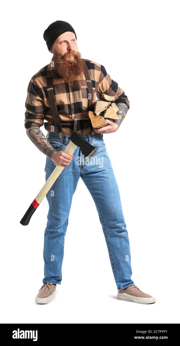 Handsome lumberjack on white background Stock Photo - Alamy
