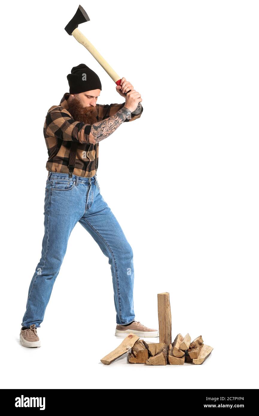 Handsome lumberjack on white background Stock Photo - Alamy