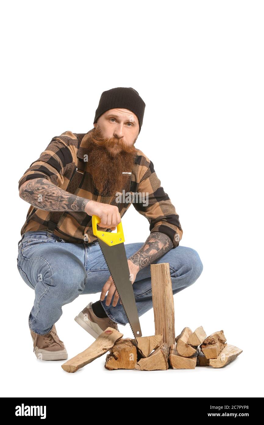 Handsome lumberjack on white background Stock Photo - Alamy