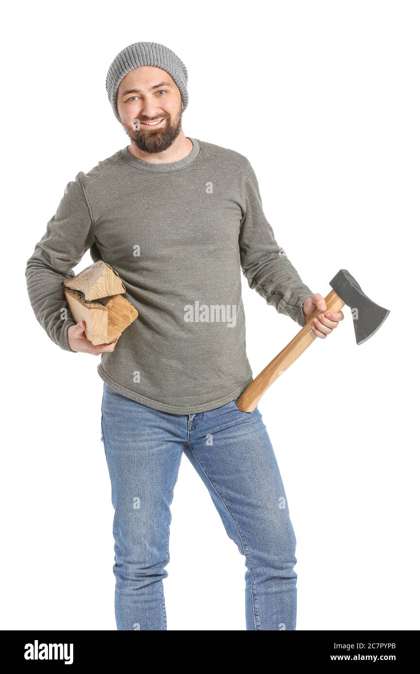 Handsome lumberjack on white background Stock Photo - Alamy