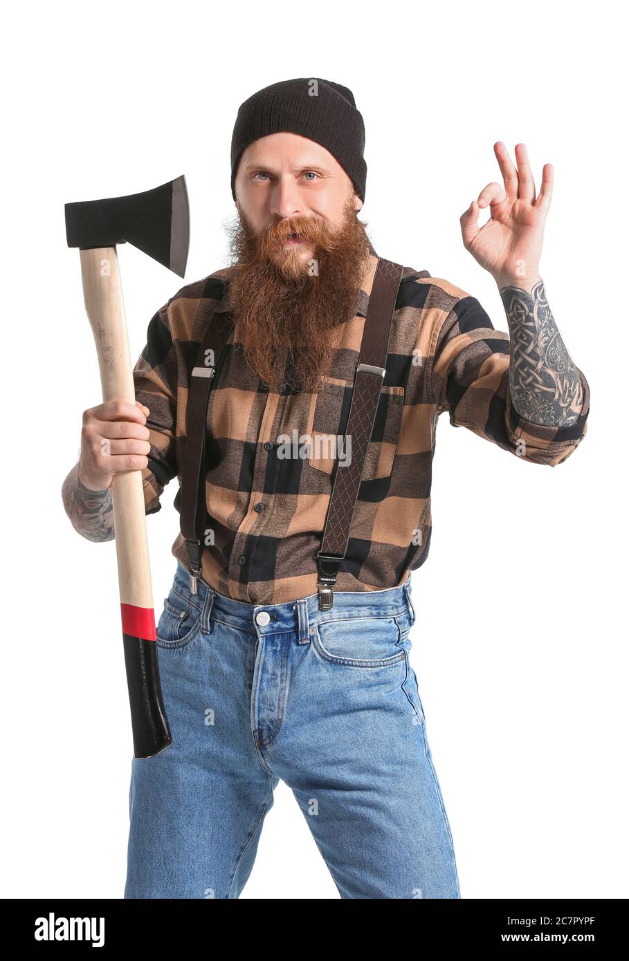 Handsome lumberjack showing OK on white background Stock Photo - Alamy