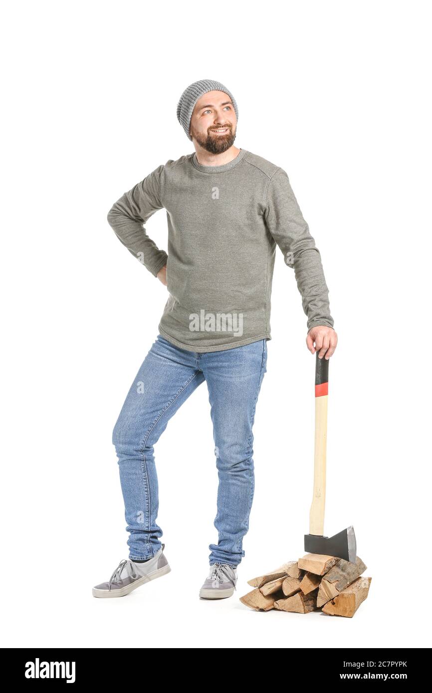 Handsome lumberjack on white background Stock Photo - Alamy