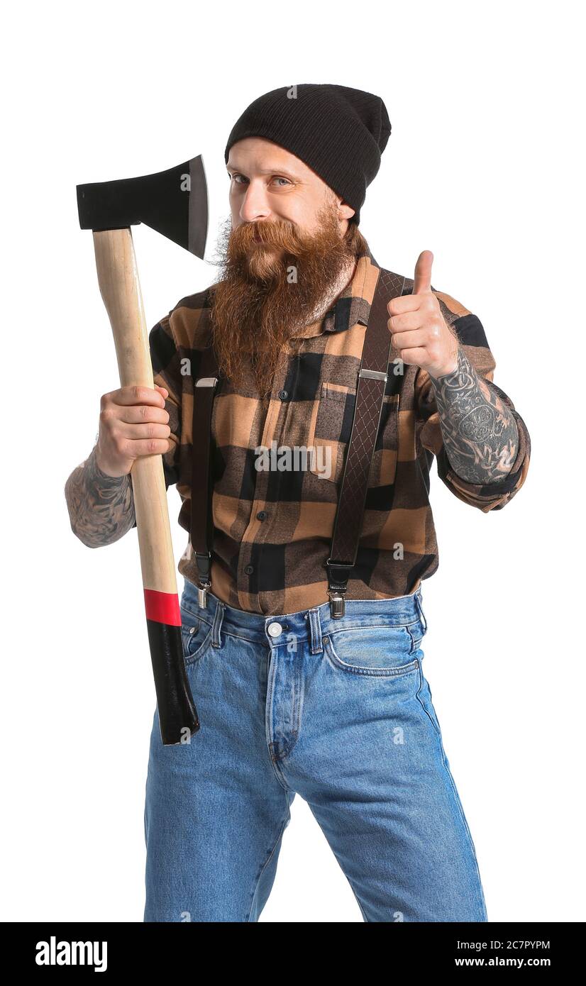 Handsome lumberjack showing thumb-up on white background Stock Photo ...