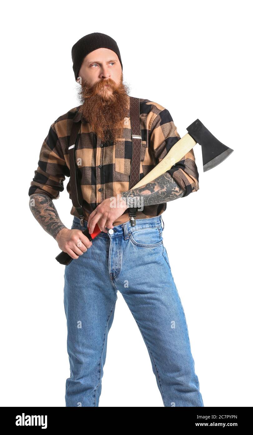 Handsome lumberjack on white background Stock Photo - Alamy