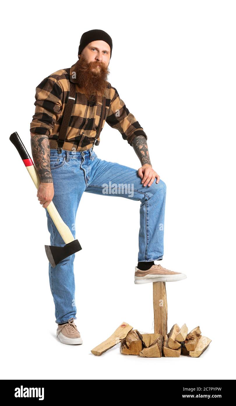 Handsome lumberjack on white background Stock Photo - Alamy