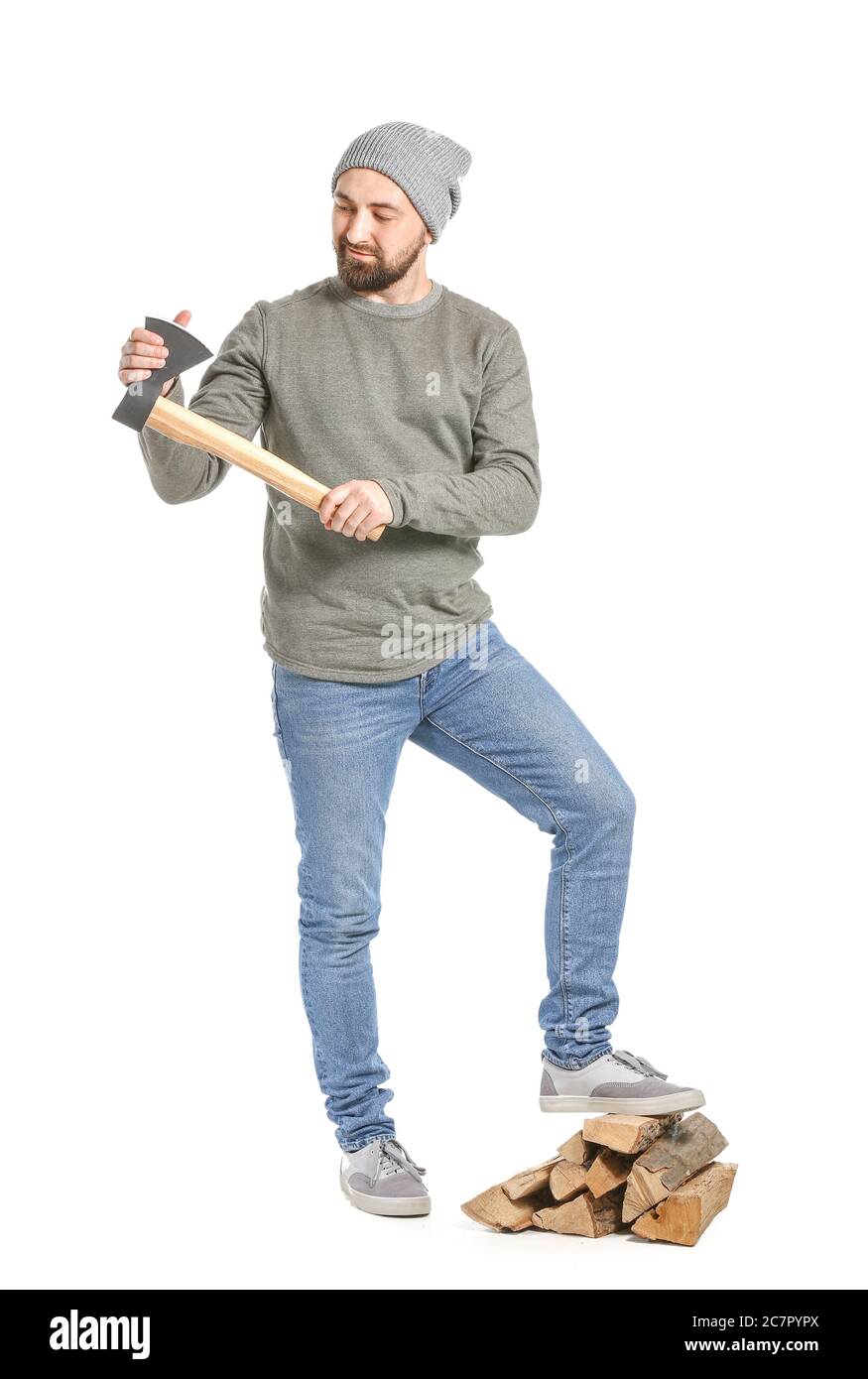 Handsome lumberjack on white background Stock Photo - Alamy