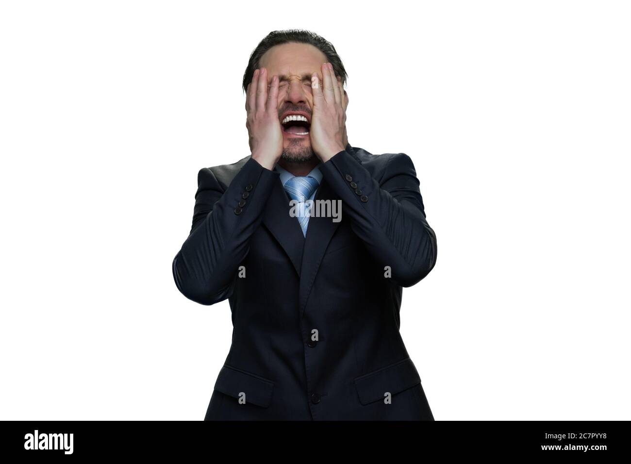 Mature formal-dressed boss is screaming in desperation Stock Photo - Alamy