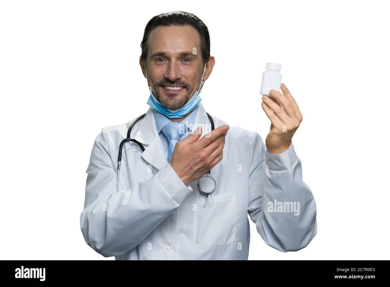 European doctor with stethoscope is showing the medicine Stock Photo ...