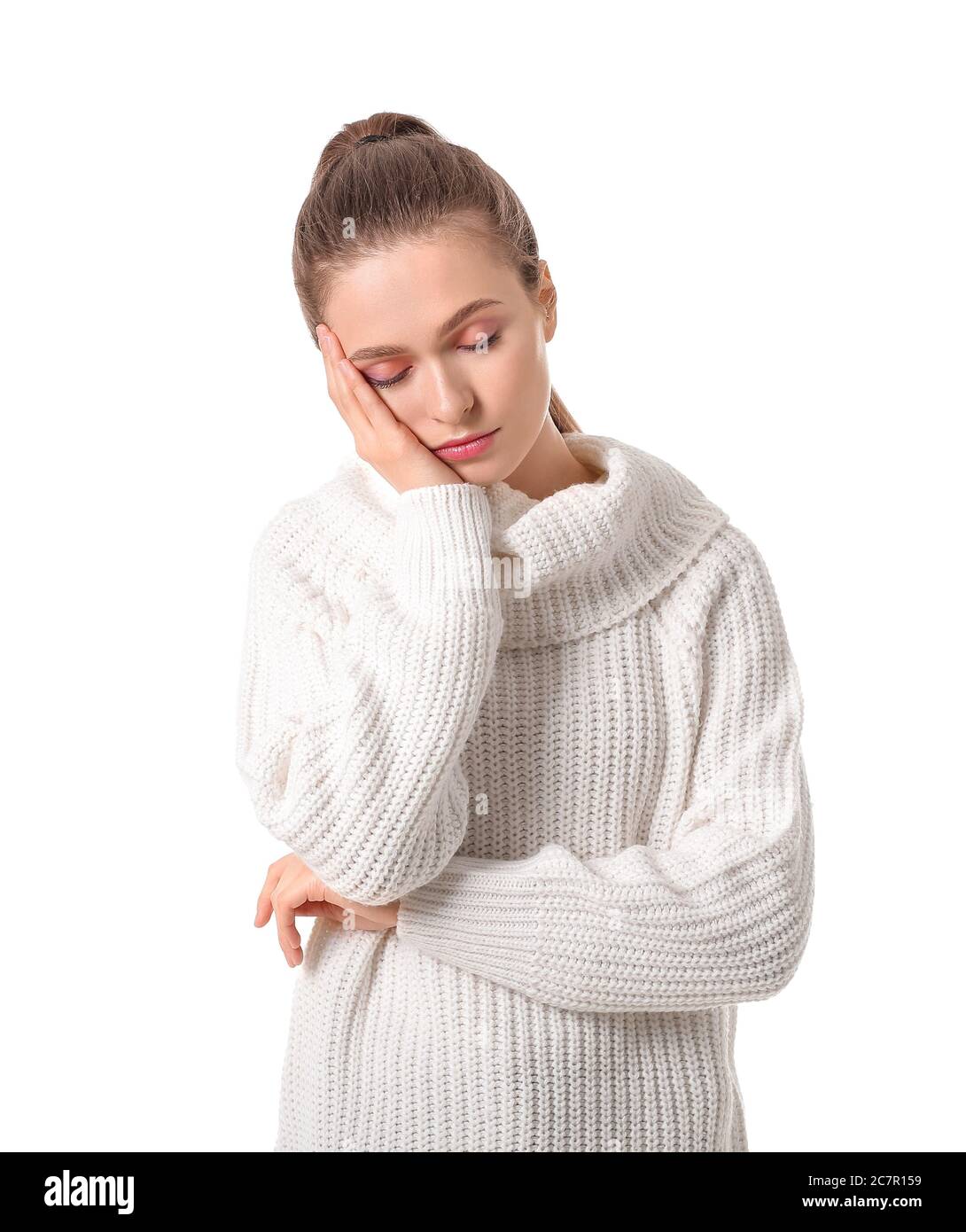 Young woman suffering from sleep deprivation on white background Stock ...