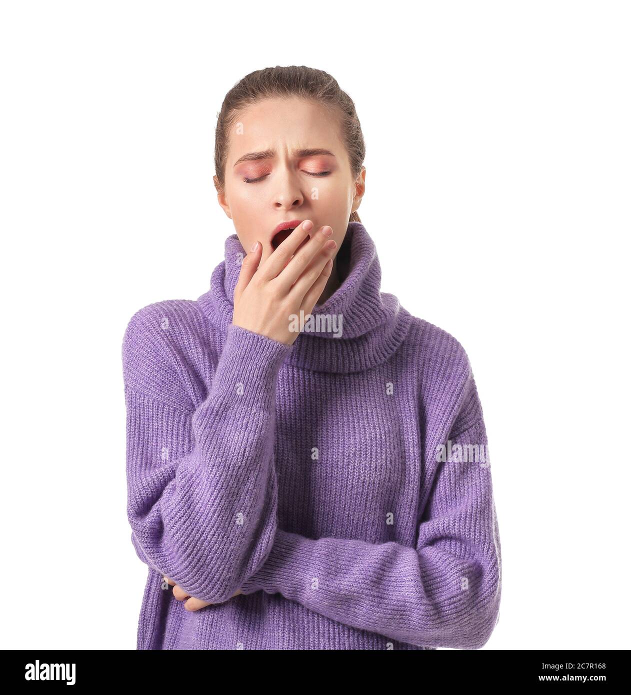 Young woman suffering from sleep deprivation on white background Stock ...